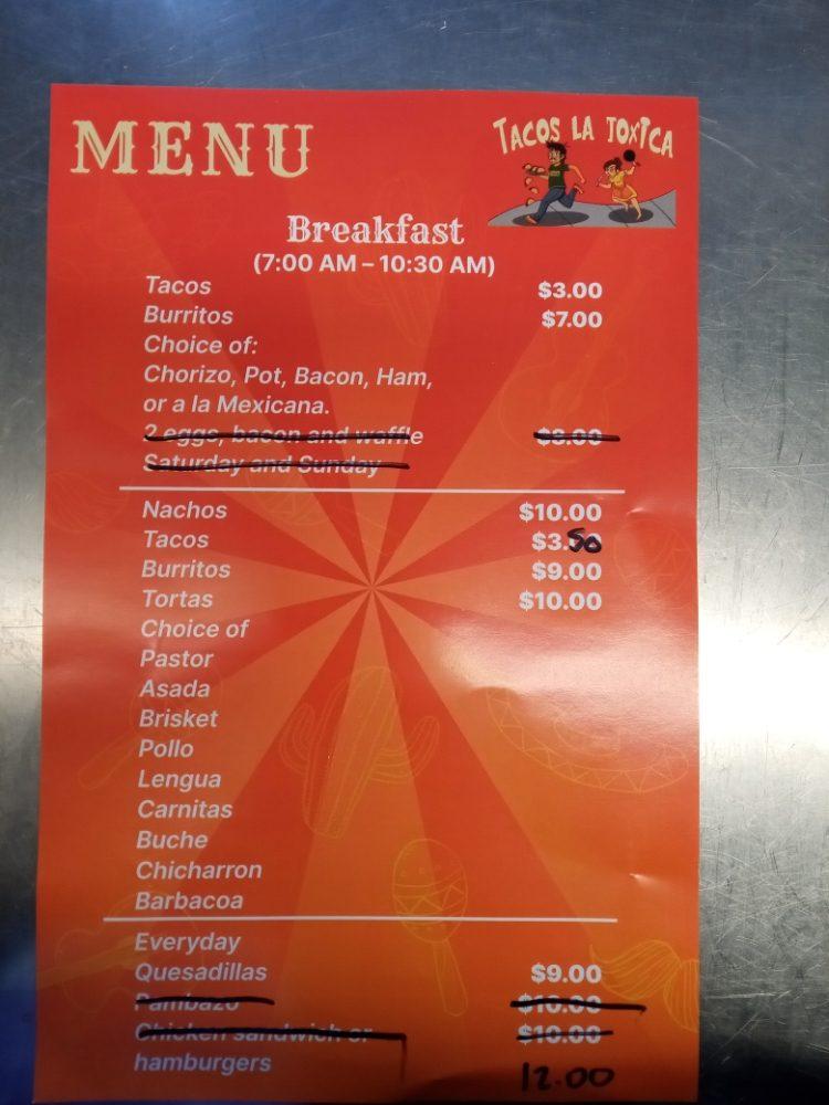 Menu at Tacos La Toxica, Fort Worth