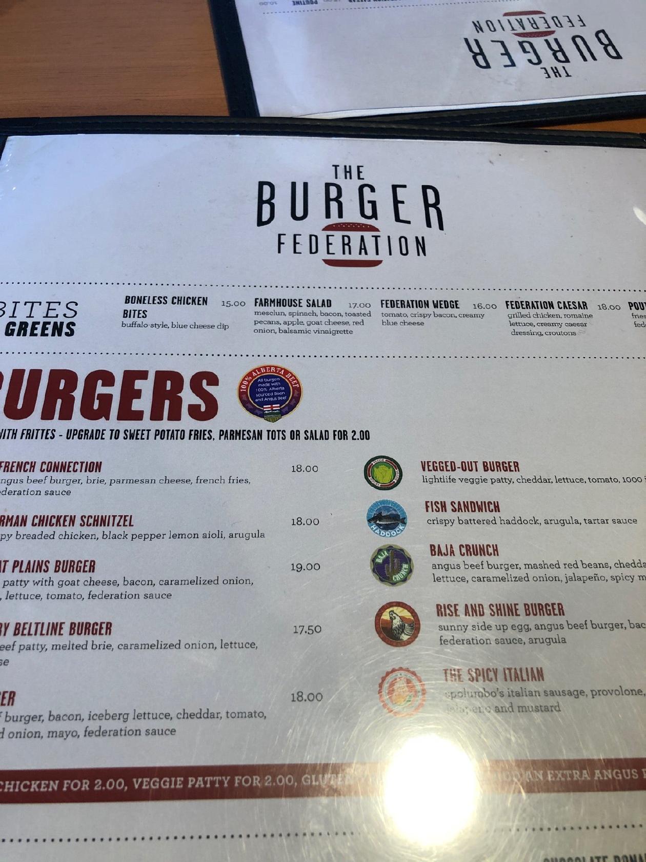Menu at The Burger Federation restaurant, Calgary, 2000 Airport Rd NE