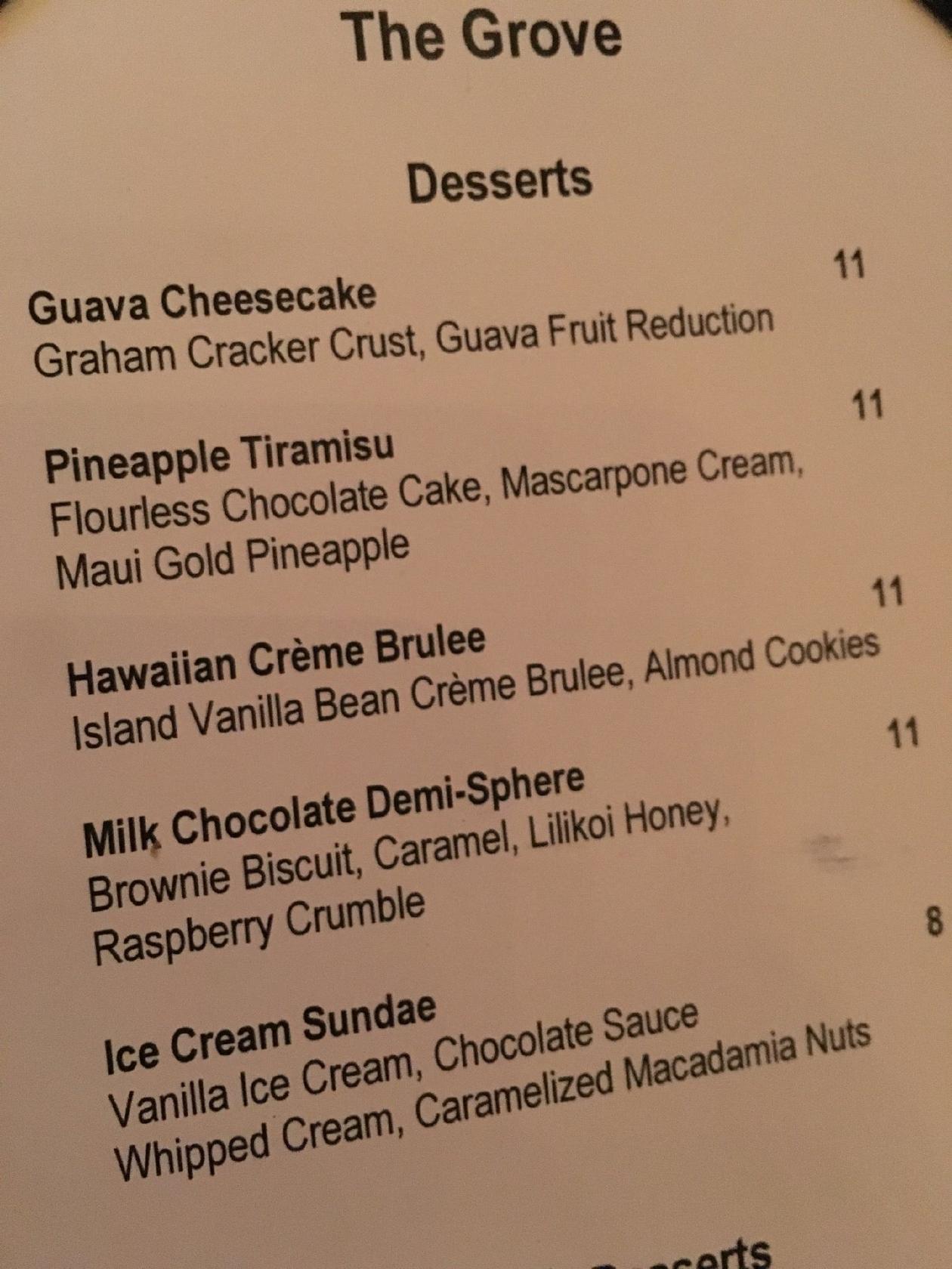 Menu at The Grove Restaurant & Bar, Honolulu