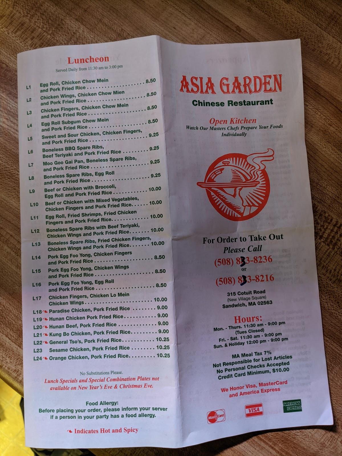 Carta del restaurante Asia Garden, Sandwich, 315 Cotuit Rd #3