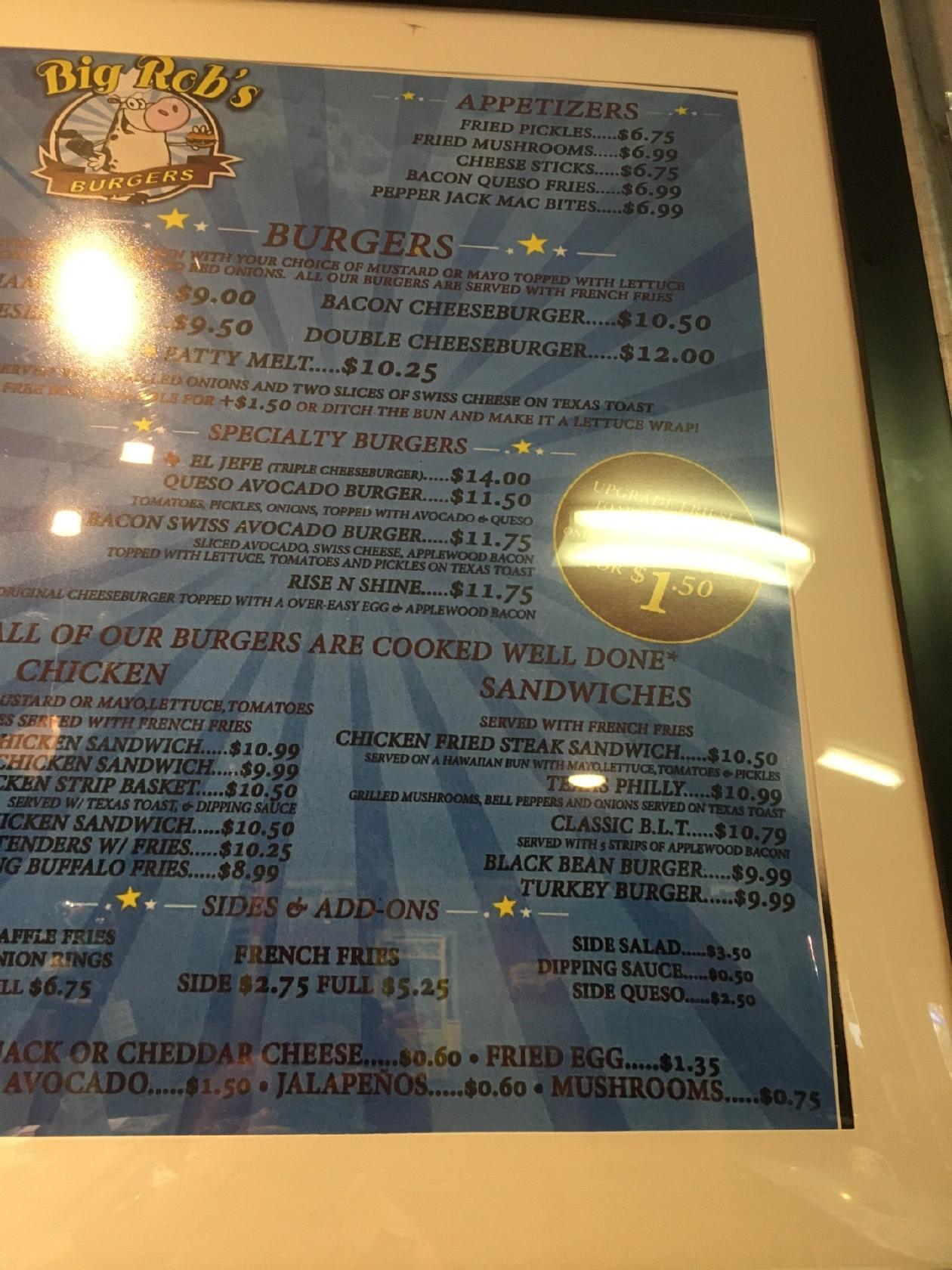 Menu at Big Robs Burgers desserts, Kyle