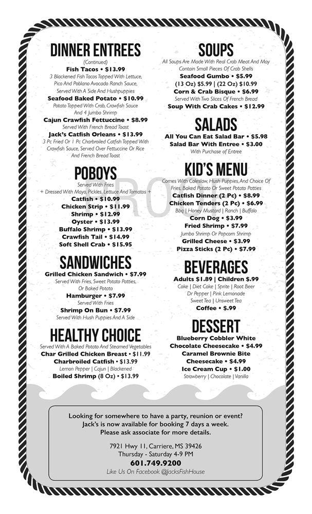 Menu at Jack's Fish House restaurant, McNeill, US-11