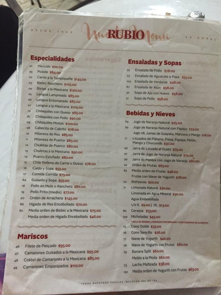 Carta de Restaurante Rubio, Monterrey