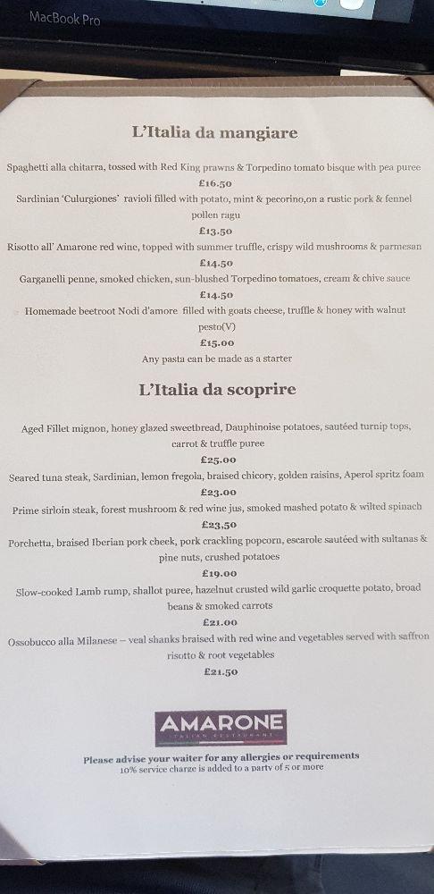 Menu at Amarone Restaurant, Bath