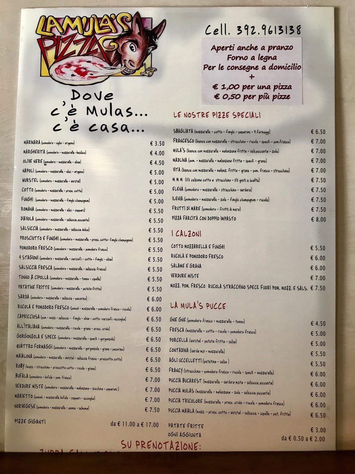 Menu da La Mula's ristorante, La Maddalena