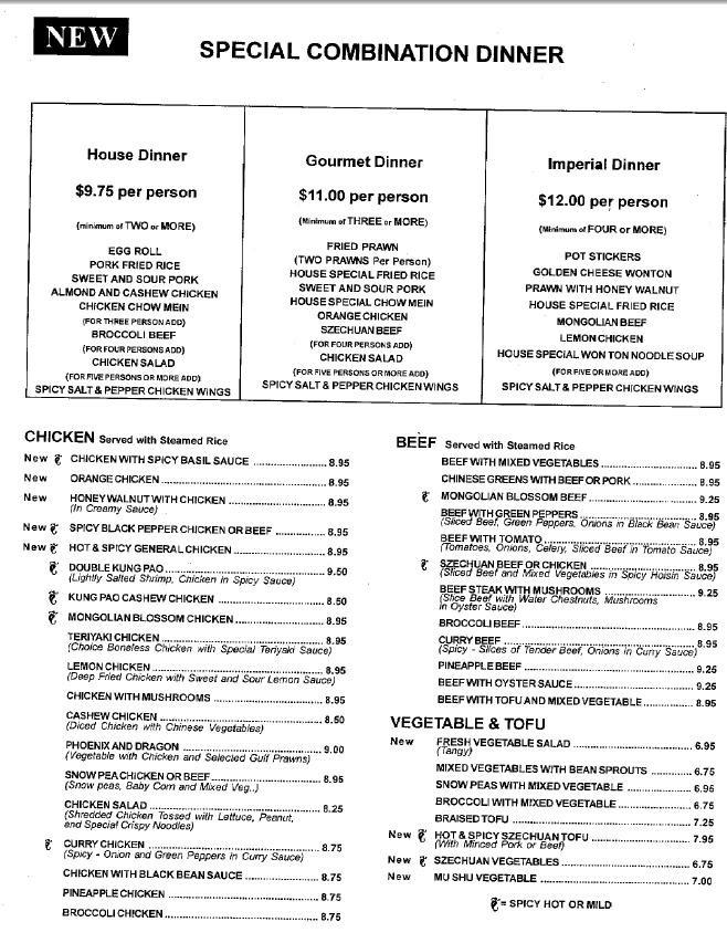 Menu at Lee’s House restaurant, San Jose