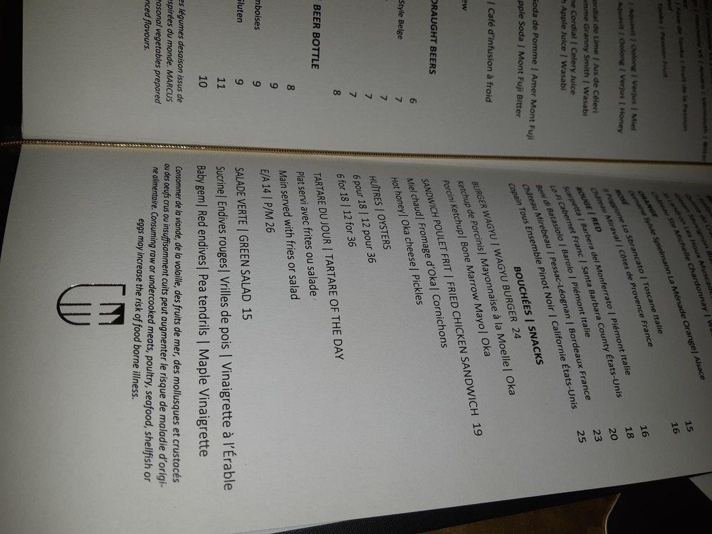 Menu au MARCUS Restaurant + Lounge, Montréal