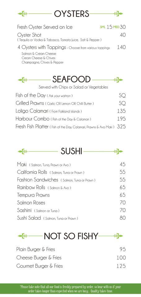 Menu at Oyster Bar, Mossel Bay