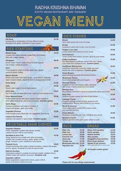 Menu at Radha Krishna Bhavan restaurant, London