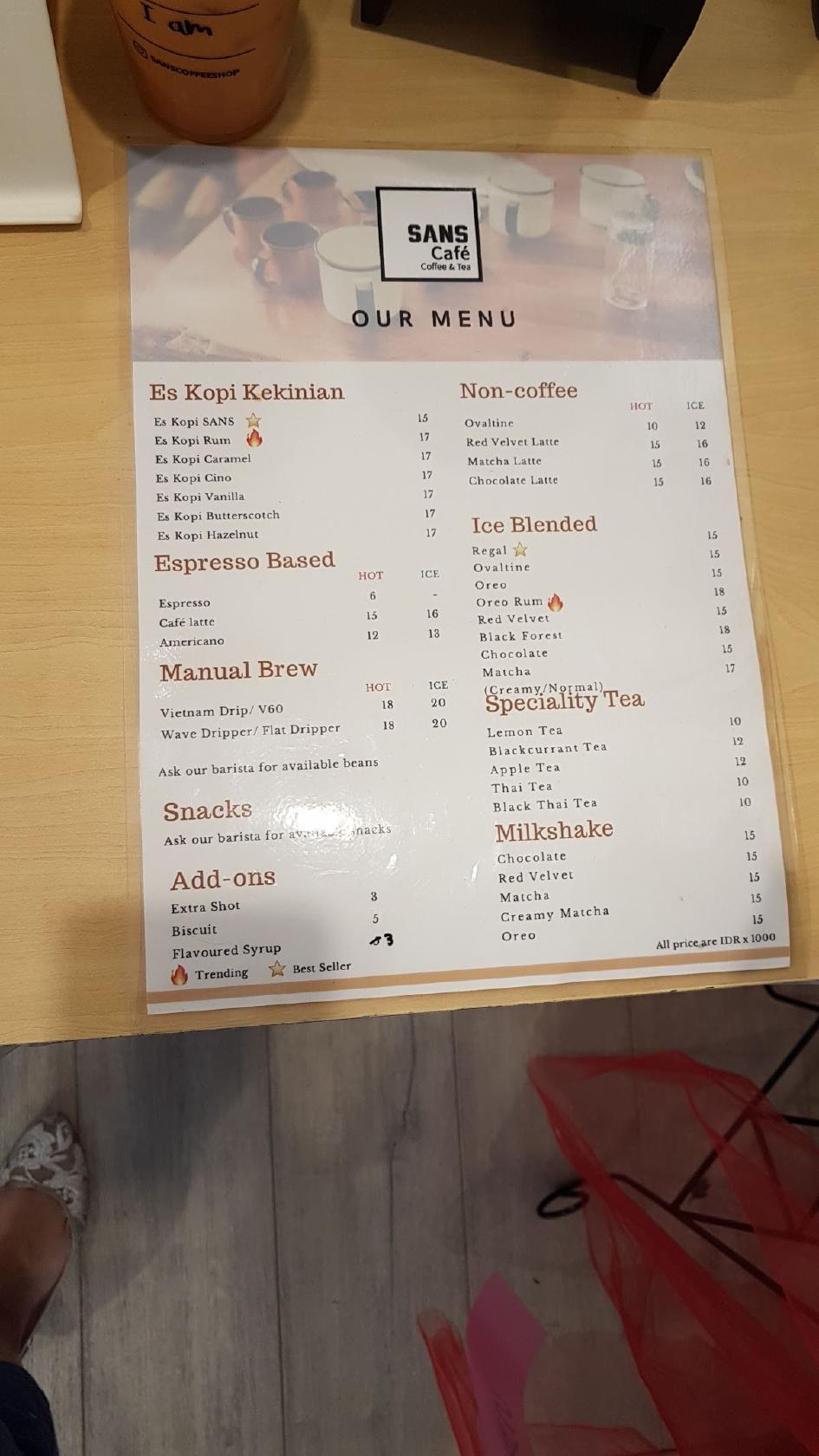 Menu at SANS Tomang cafe, West Jakarta