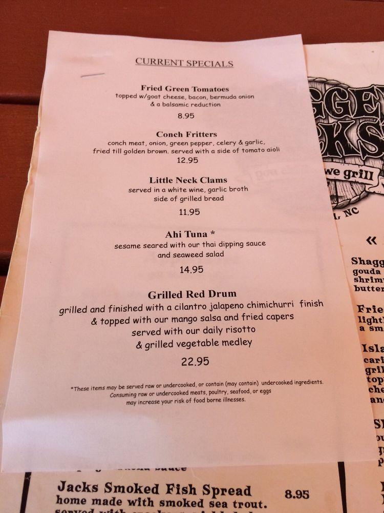 Menu at Shagger Jacks restaurant, Oak Island