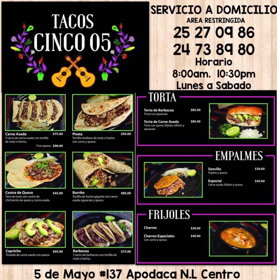 Menu at Tacos cinco 05 restaurant, Ciudad Apodaca