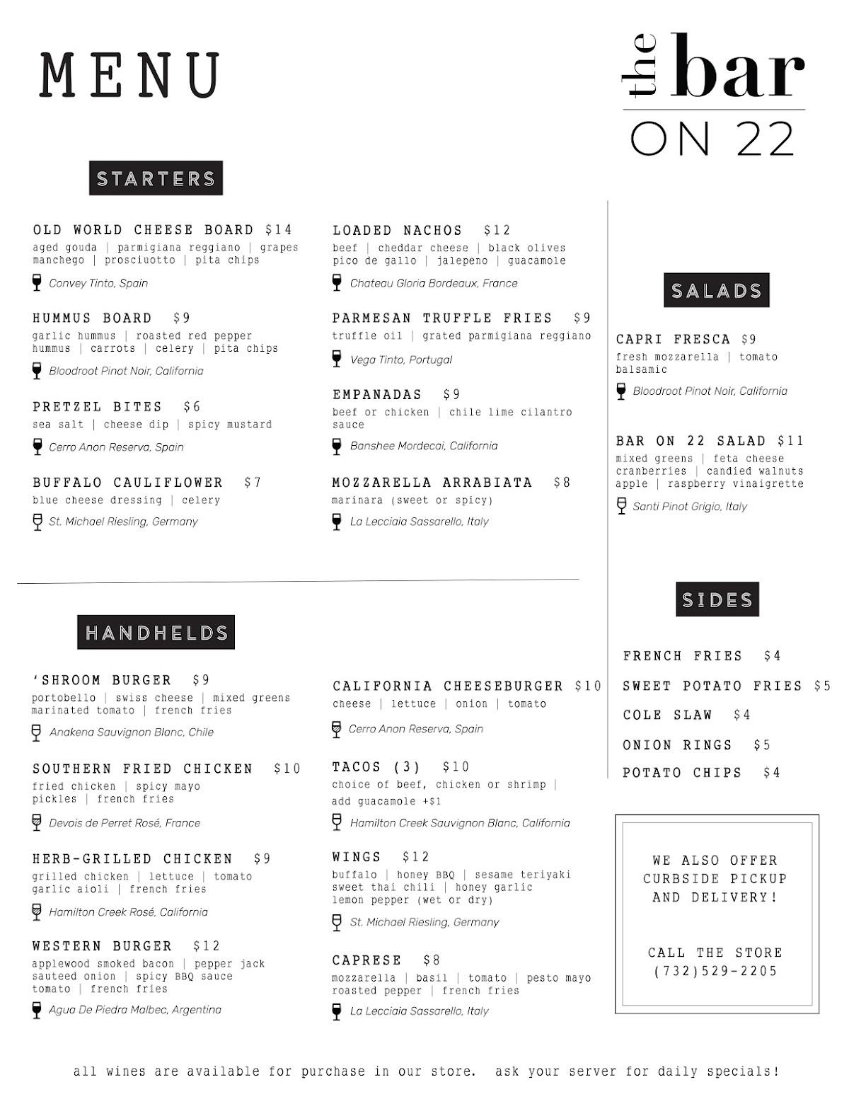 Menu at The Bar on 22, Green Brook Township