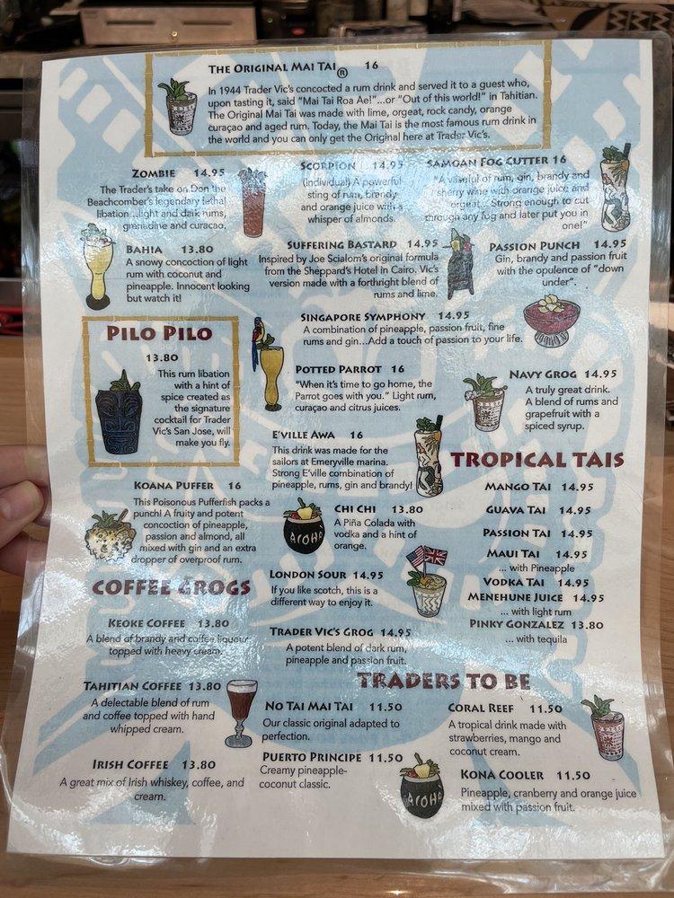 Menu at Trader Vic's pub & bar, San Jose