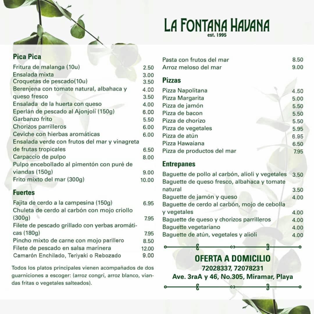 Carta del restaurante Fontana, La Habana
