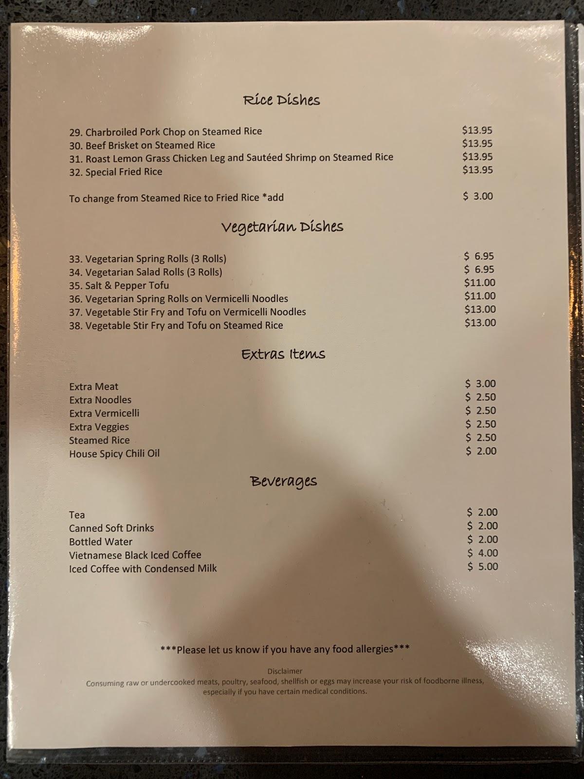 Menu at Night Owl Vietnamese Cuisine restaurant, Calgary
