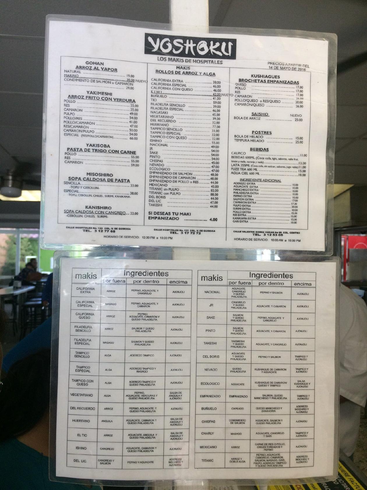 Carta del restaurante Yoshoku (Los makis del hospitales), Morelia ...