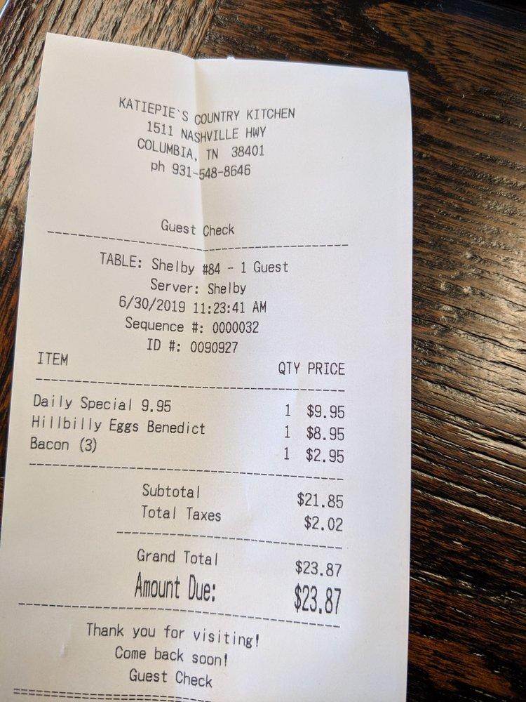 Menu at Katiepie's Country Kitchen cafe, Columbia