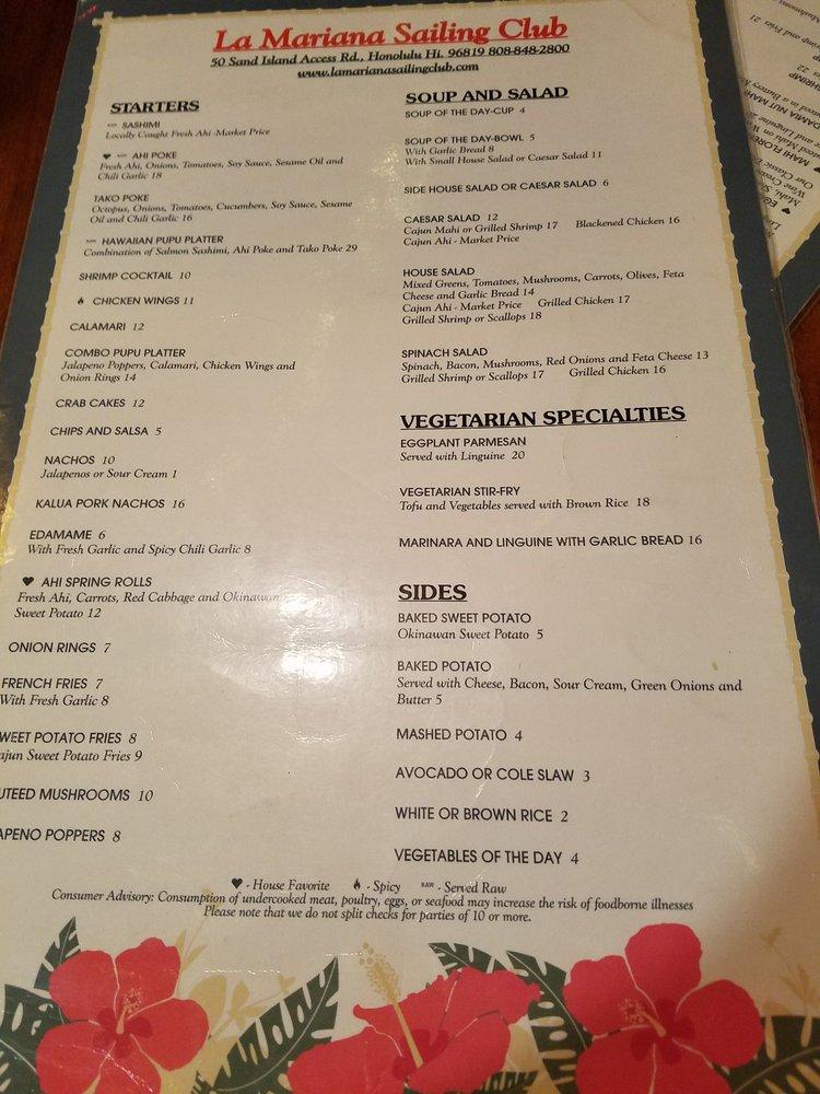 Menu at La Mariana Sailing Club, Honolulu, 50 Sand Island Access Rd
