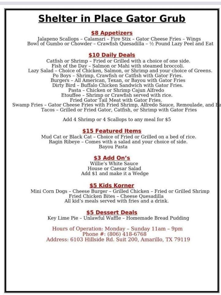 Menu at Lazy Gator pub & bar, Amarillo