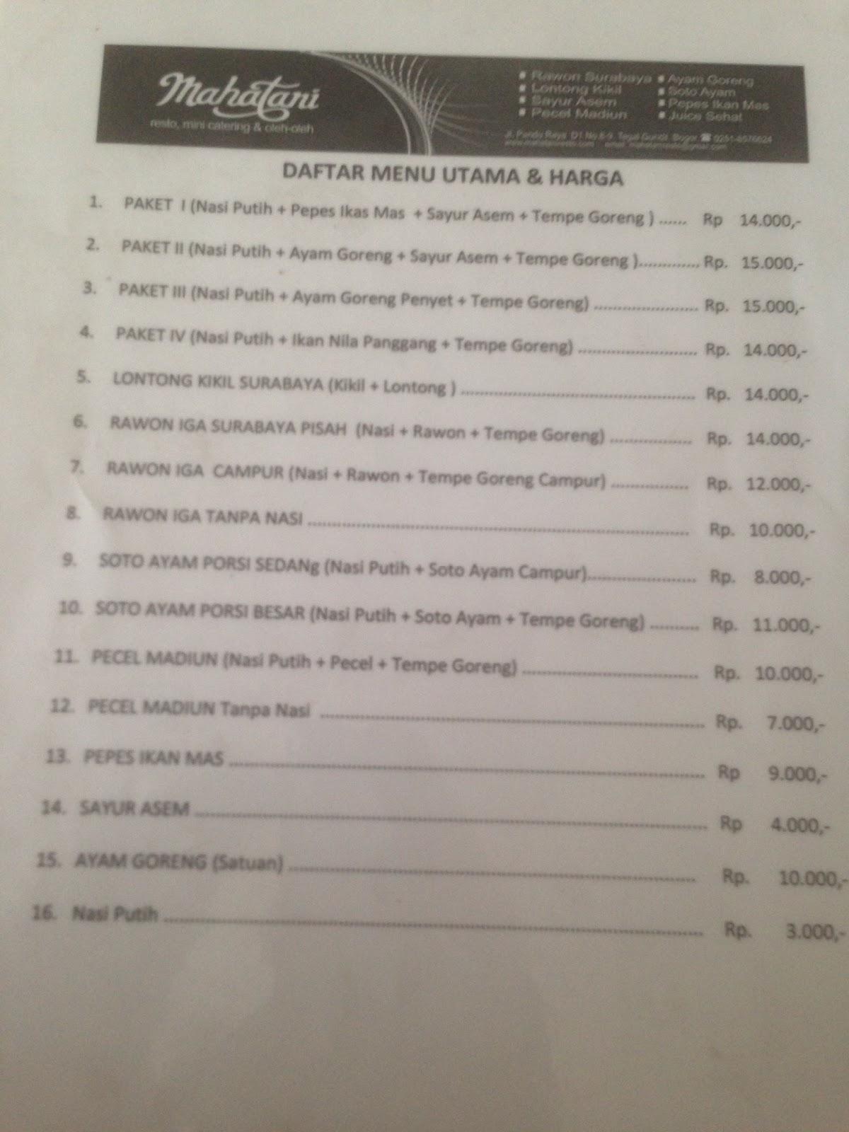 Menu at Mahatani resto bogor restaurant, Bogor