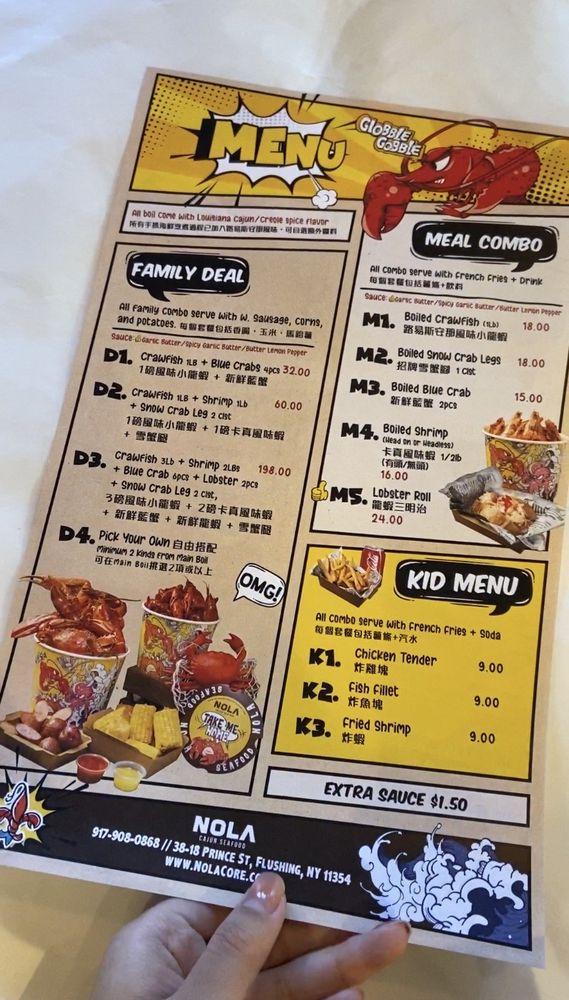 Menu at Nola Seafood restaurant, New York City