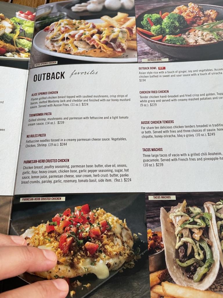 Menu at Outback Puerto Vallarta steakhouse, Puerto Vallarta