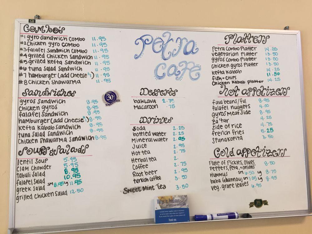 Menu at Petra Cafe, Monterey