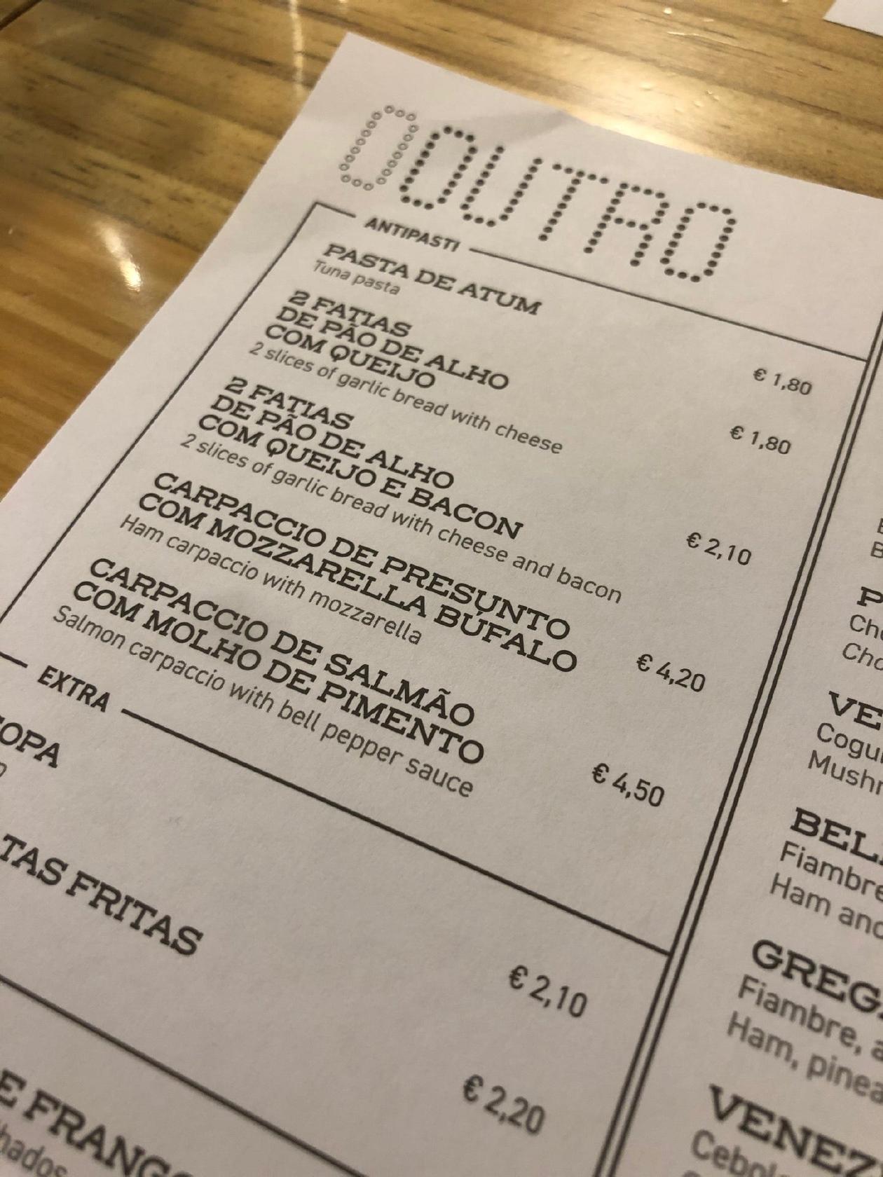 Menu em Restaurante Italiano O Outro, Peniche