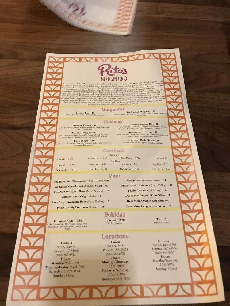 Menu at Rito's Mexican Food restaurant, Phoenix, N 7th St