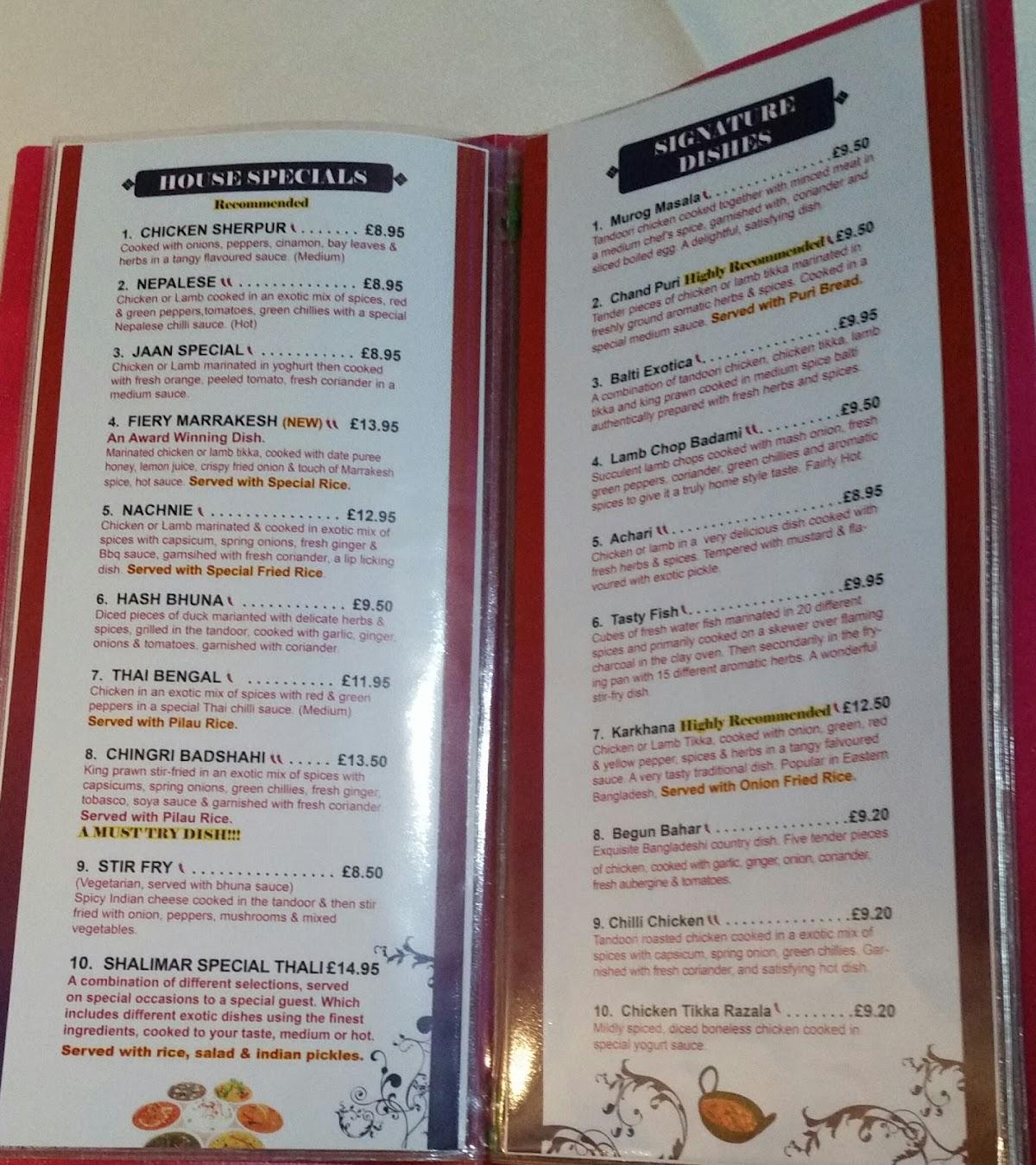 Menu at The Shalimar Restaurant, Macclesfield