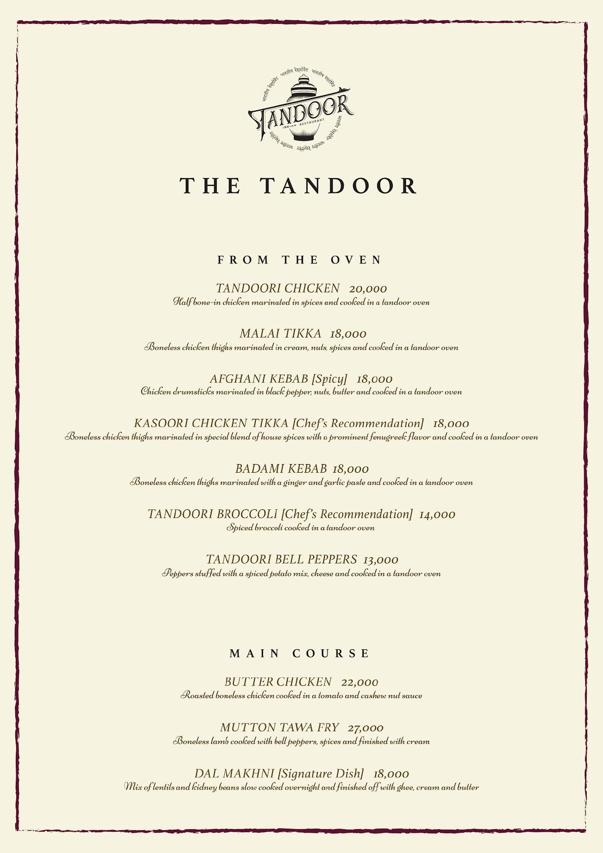 Menu at The Tandoor restaurant, Seoul