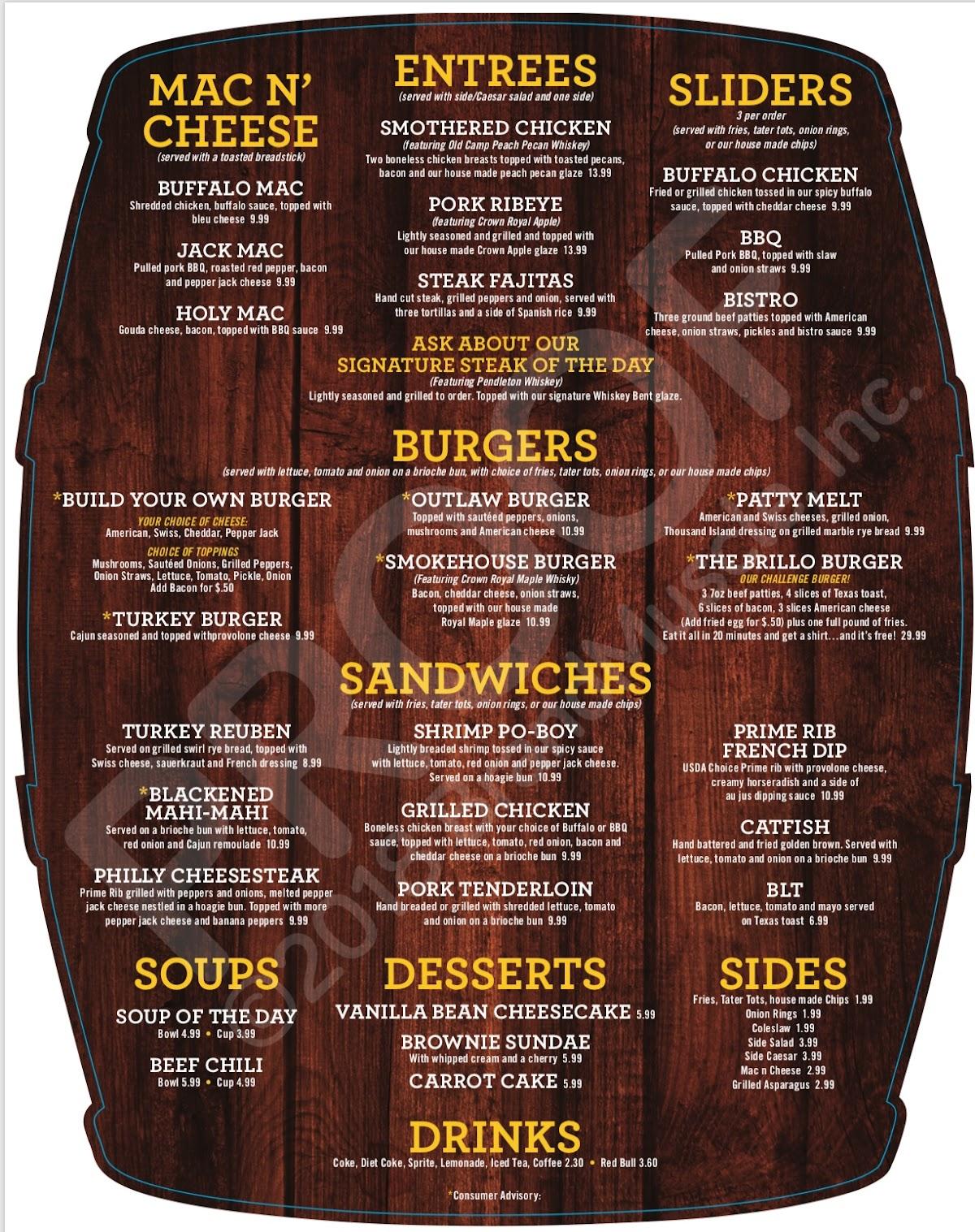 Menu at Whiskey Bent Bar & Grill, Avon