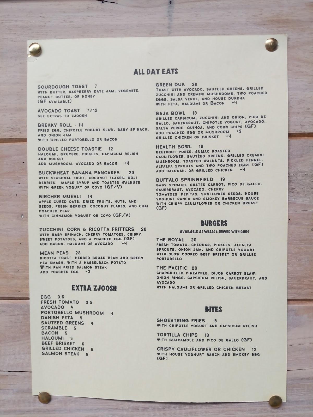 Menu at The Black Apple cafe, Moonee Beach