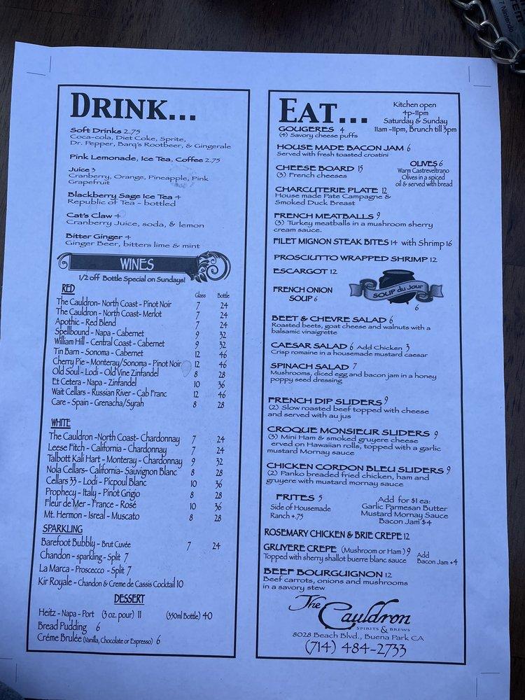 Menu at The Cauldron Spirits and Brews pub & bar, Buena Park