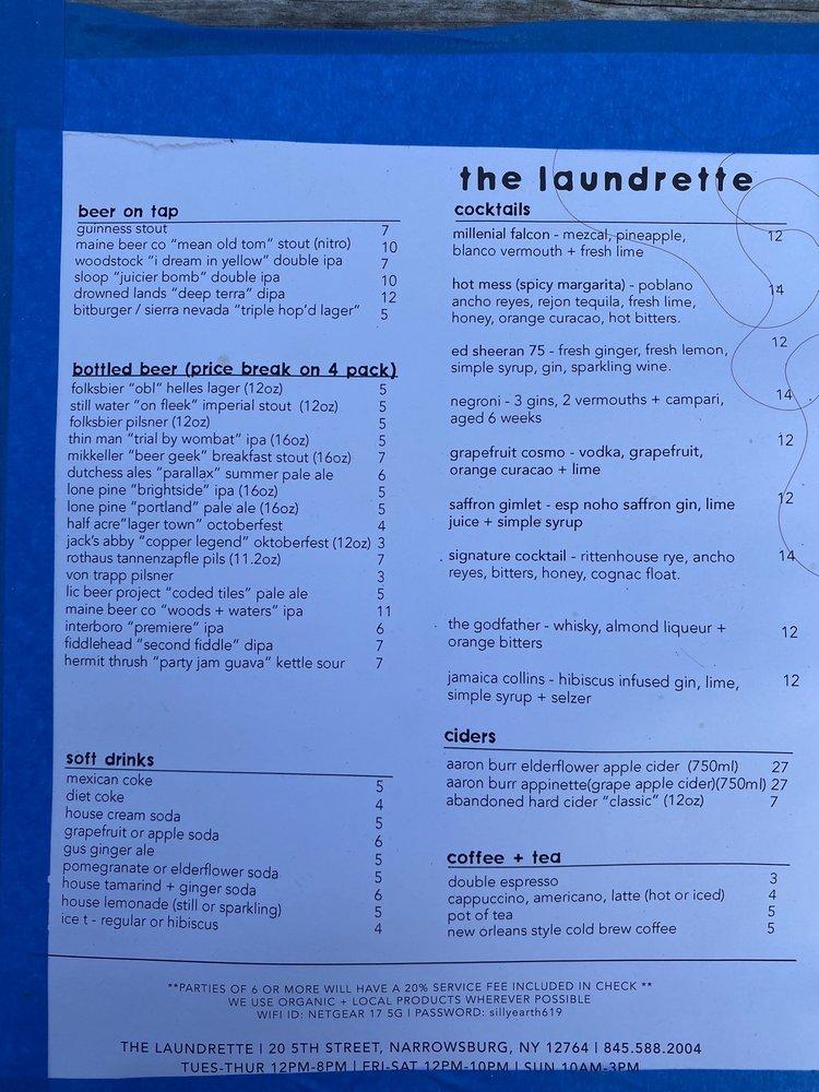 Menu at The Laundrette pub & bar, Narrowsburg