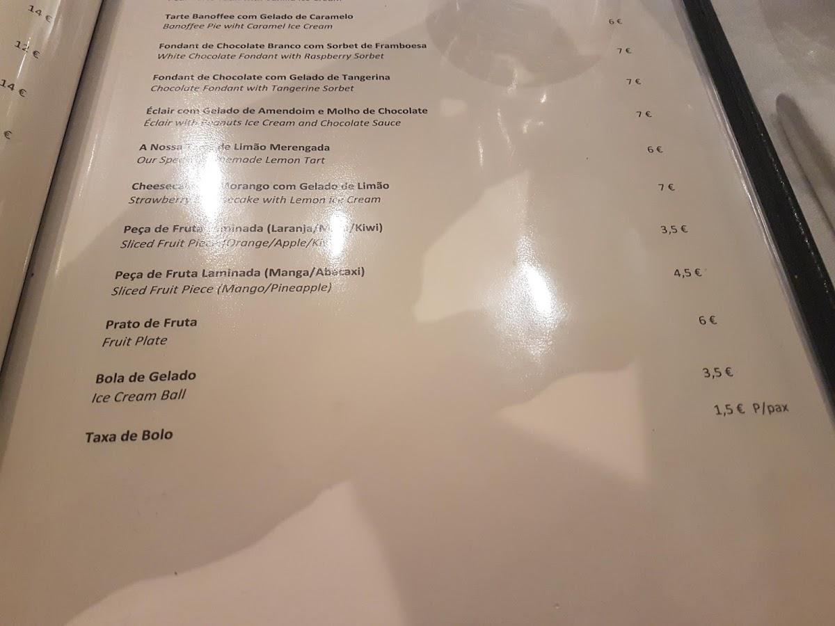 Menu em BH Foz restaurante, Porto