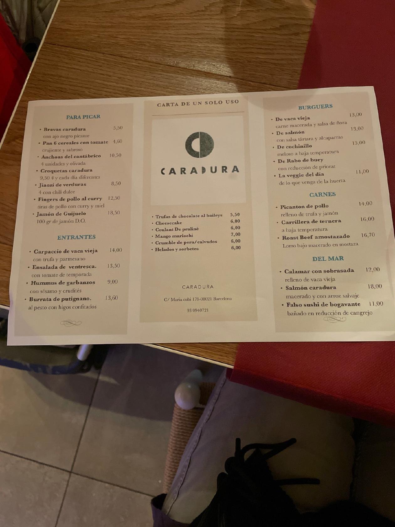 Menu at Caradura - María Cubí restaurant, Barcelona
