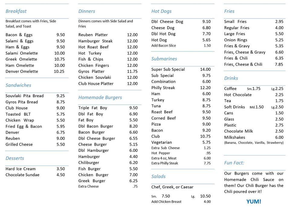 Menu at Henderson Burgers & Subs restaurant, Winnipeg
