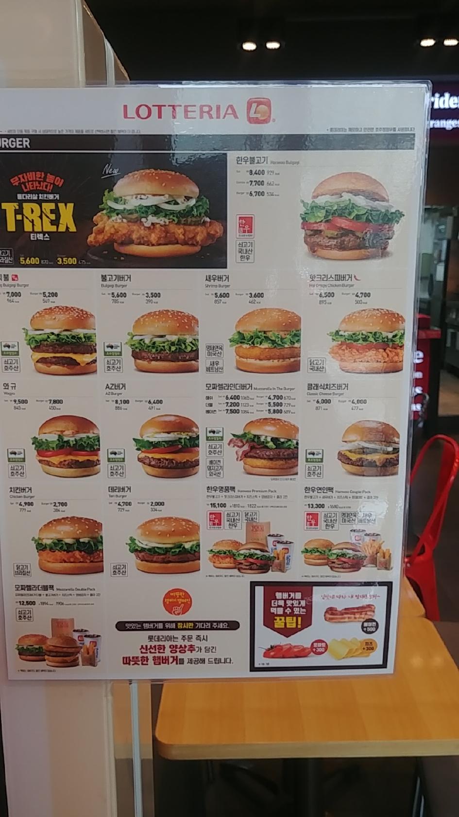 Menu at Lotteria restaurant, Seoul, 22 Dongsalro