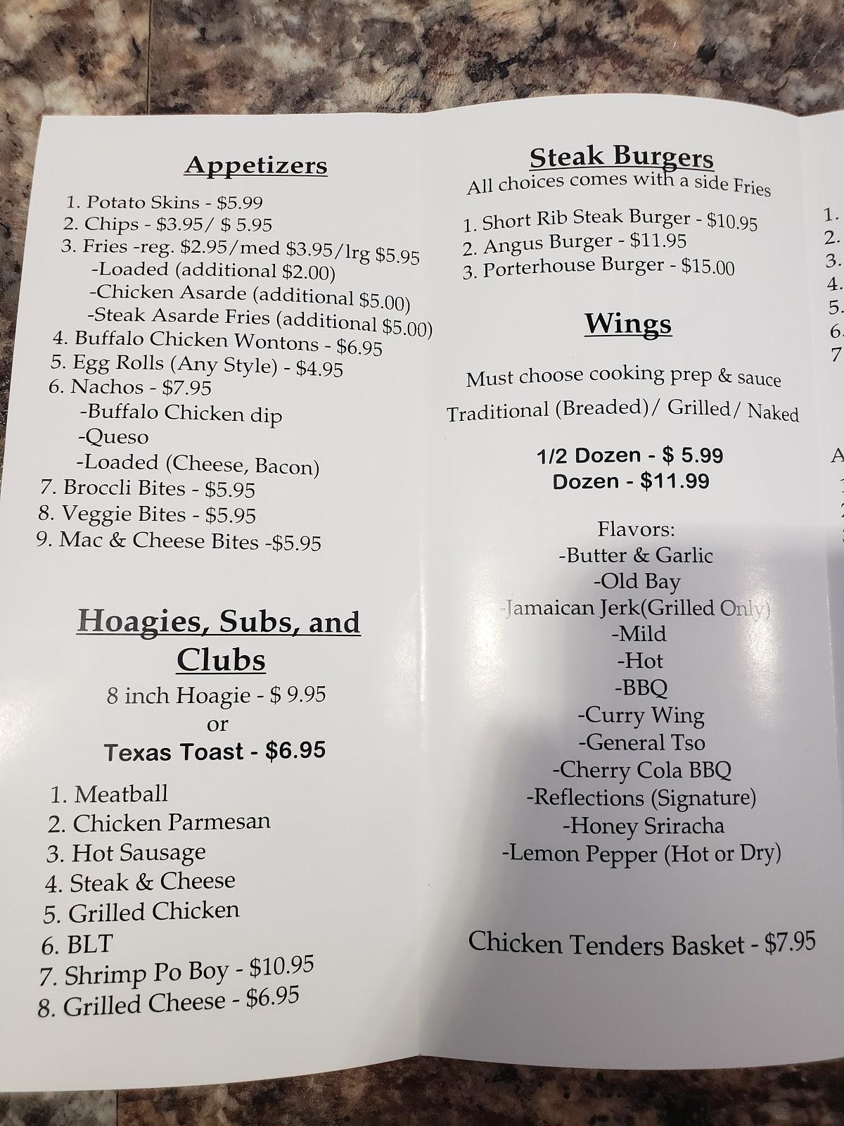 Menu at Reflection (soul food) restaurant, Uniontown