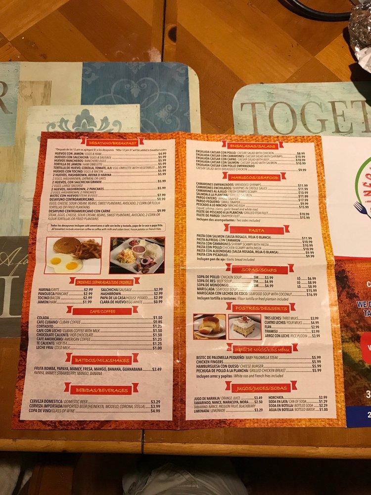 Menu at Rinconcito Latino mixto restaurant, Miami