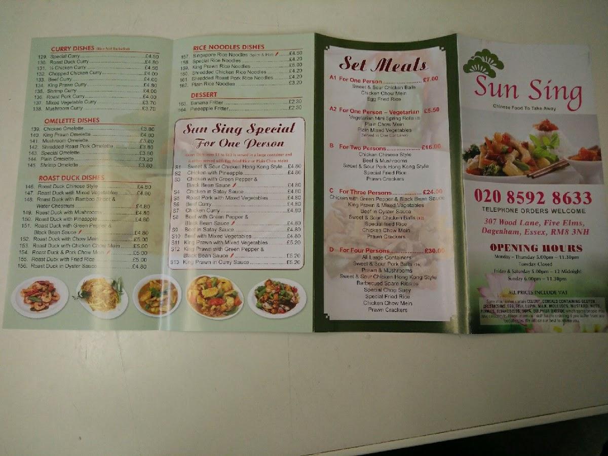 Menu at Sun Sing - Takeaway fast food, Dagenham