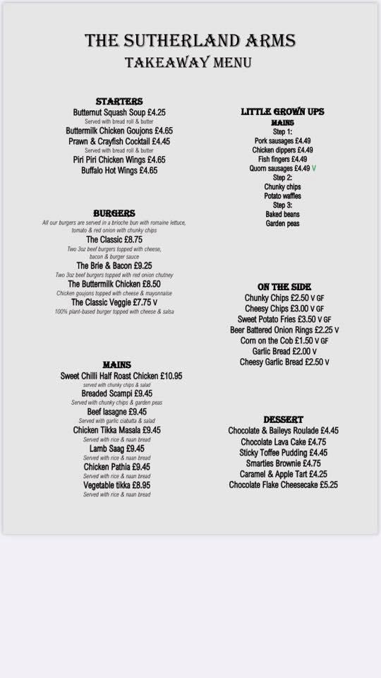 Menu at Sutherland Arms pub & bar, England, Tibberton