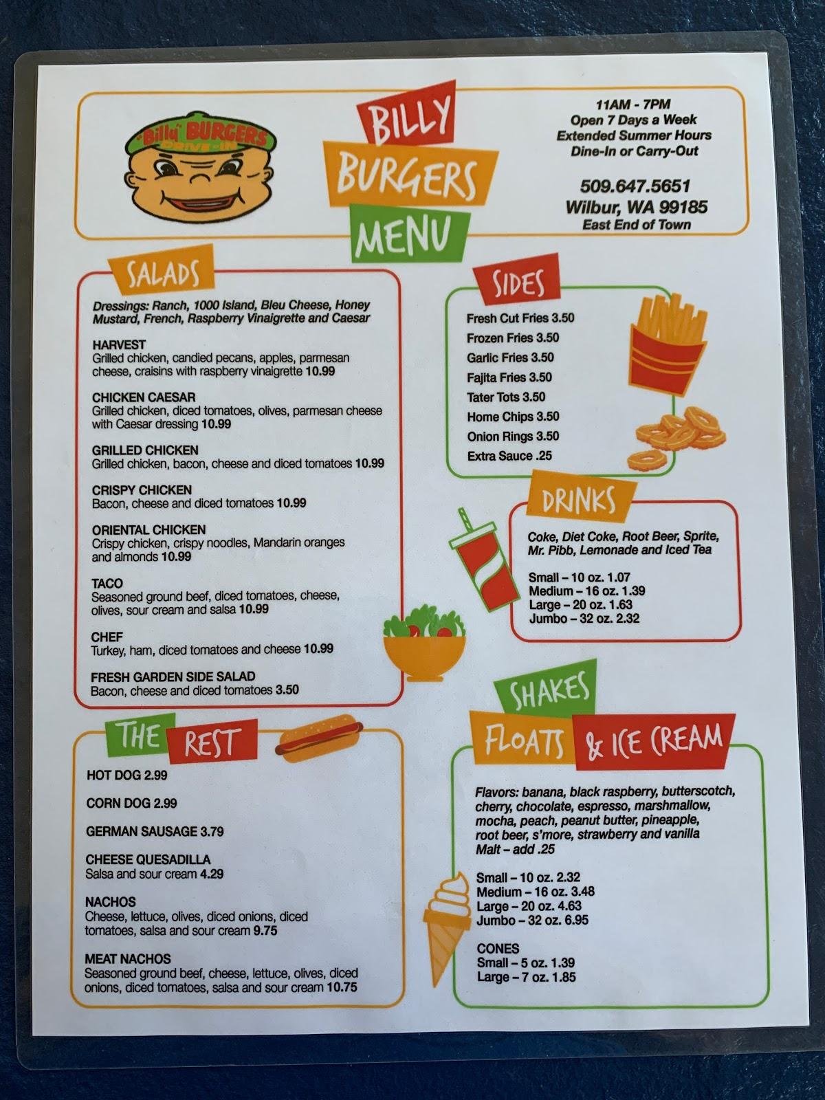 Menu at Billy Burgers Drive Inn fast food, Wilbur