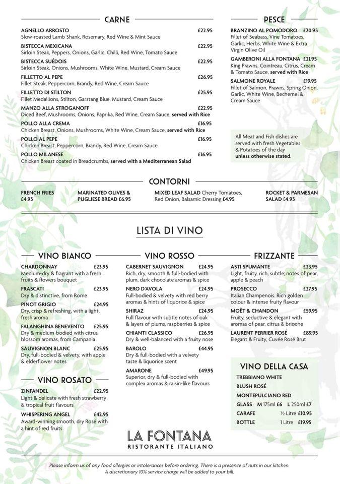 Menu at La Fontana Ristorante Italiano restaurant, Blackpool