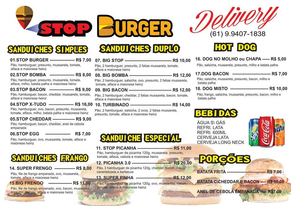 Menu at Stop Burger cafeteria, Taguatinga