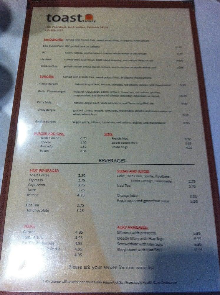 Menu at Toast Eatery restaurant, San Francisco, Polk St