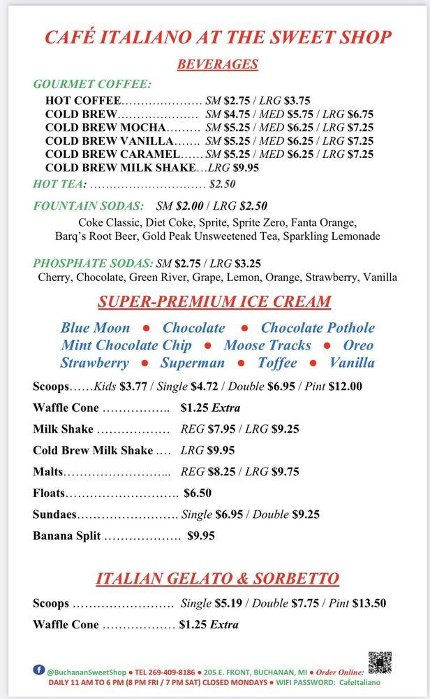 Menu at Cafe Italiano at The Sweet Shop, Buchanan