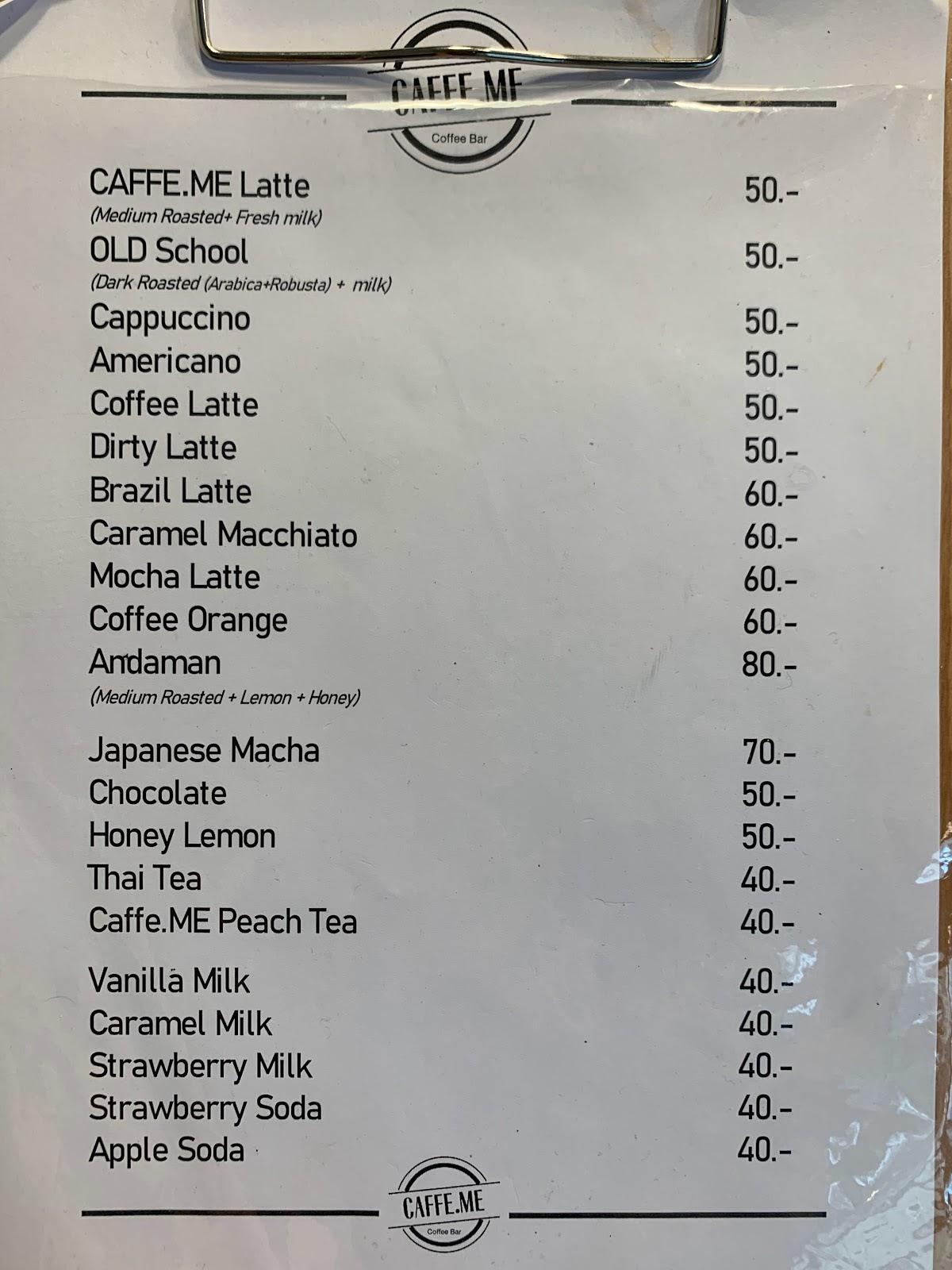 Menu at Caffe.ME Coffee Bar, Bangkok